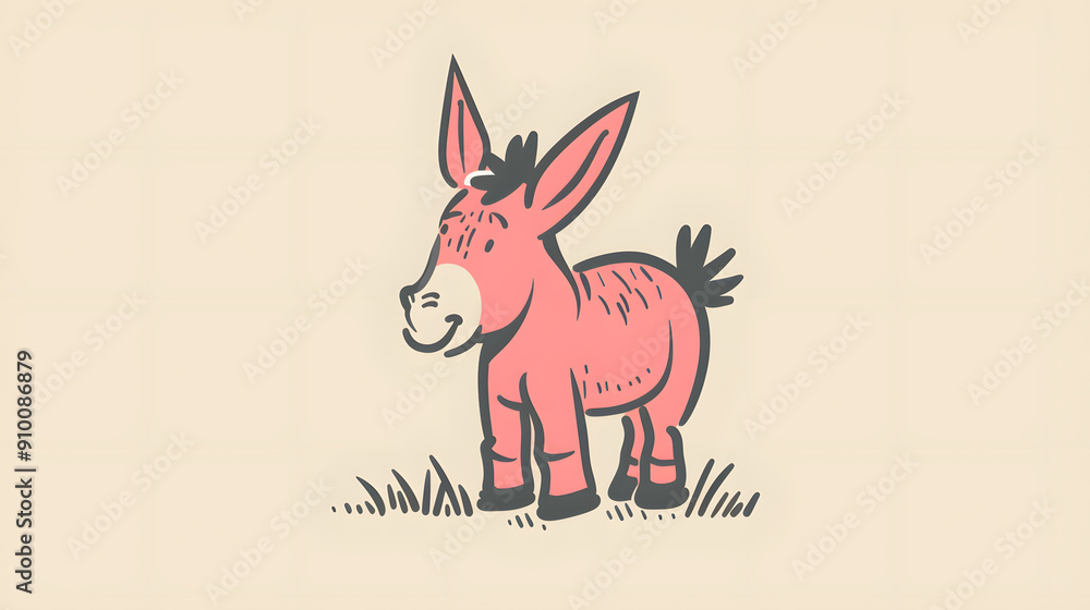 A charming cartoon illustration of a donkey in a vintage style ...
