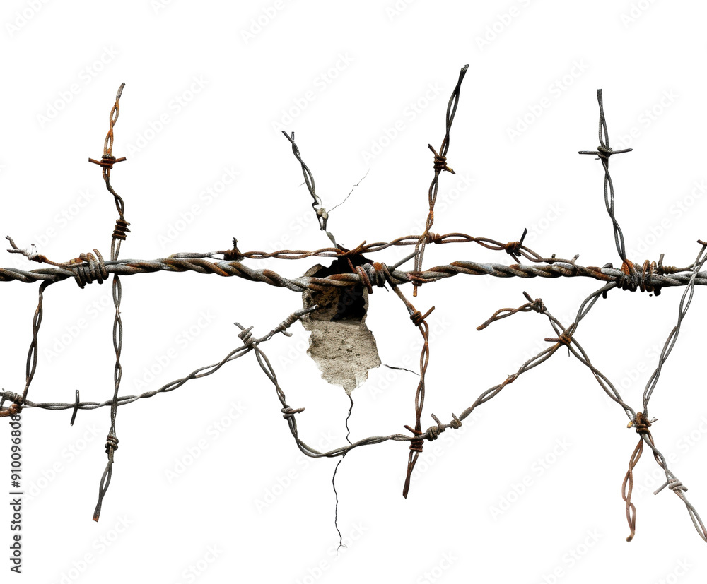 Broken wire fence with a hole in the middle on white background. PNG ...