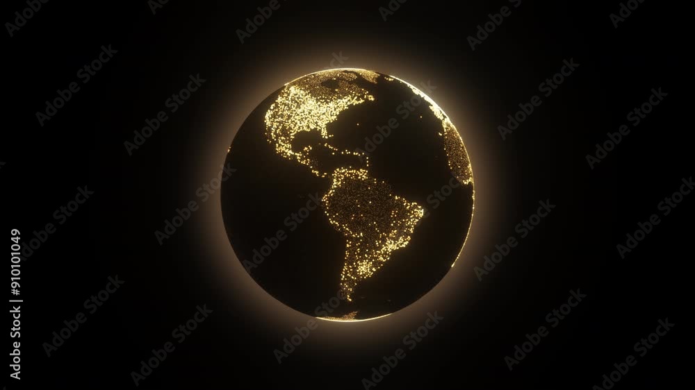 3D animation of rotating golden Earth globe with flickering light with ...