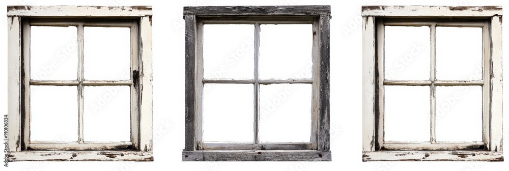 Three rustic window frames with white paint, showcasing different ...