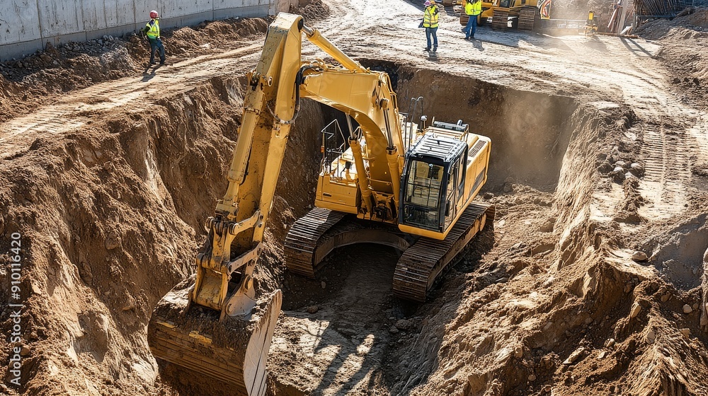 A large excavator operates on a construction site, digging into a deep ...