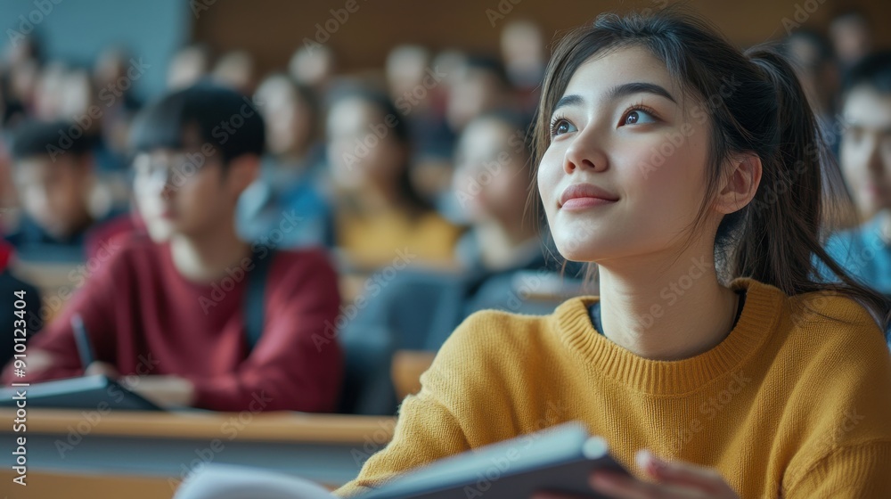 University students in a modern lecture hall taking notes and engaging ...