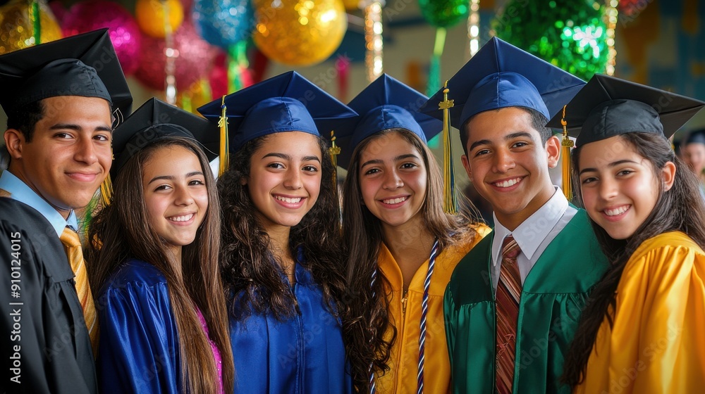 High school graduates in caps and gowns posing for photos with proud ...