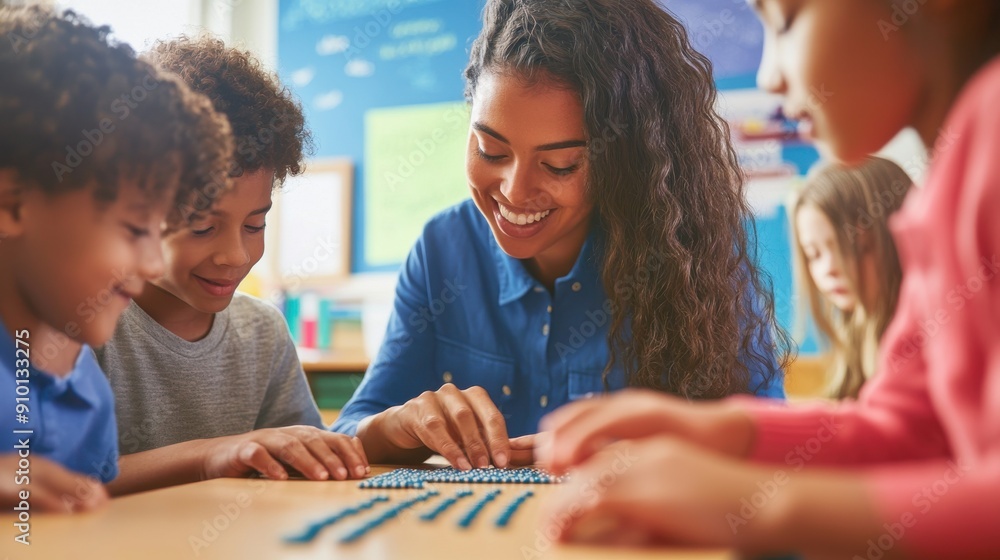 An inclusive classroom where a teacher is using braille to teach a ...
