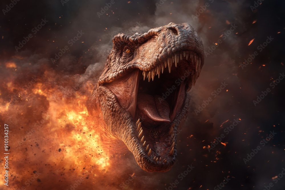 A close-up of a dinosaur, likely a T-Rex, surrounded by raging flames ...