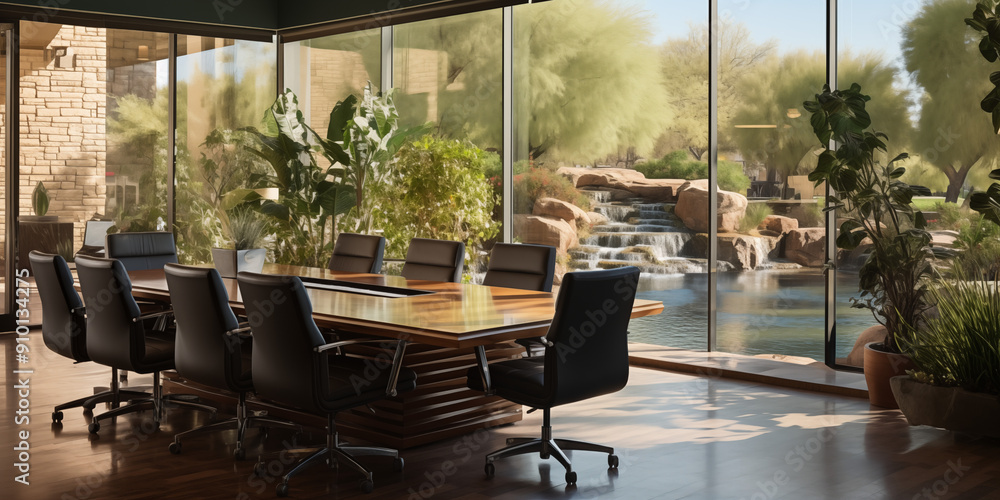 A large board room with big windows, black office chairs around an ...