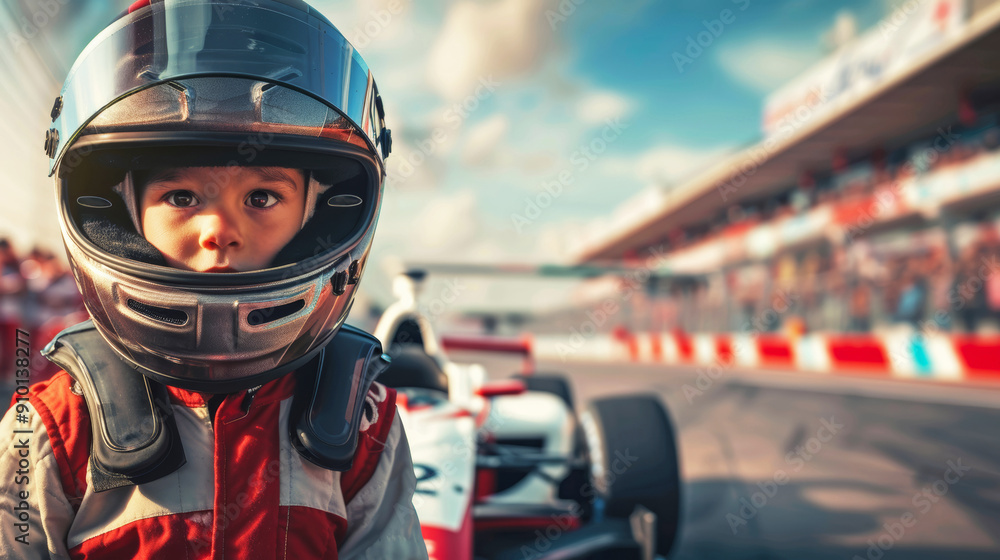 A young child dressed as a race car driver, wearing a racing suit and ...