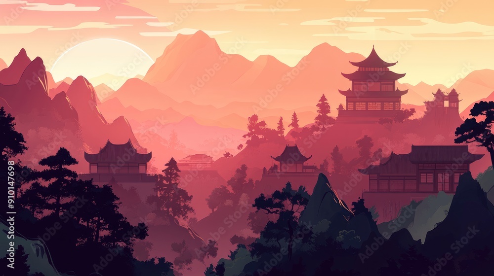 Vector illustration of a cartoon Chinese landscape, featuring mountains ...