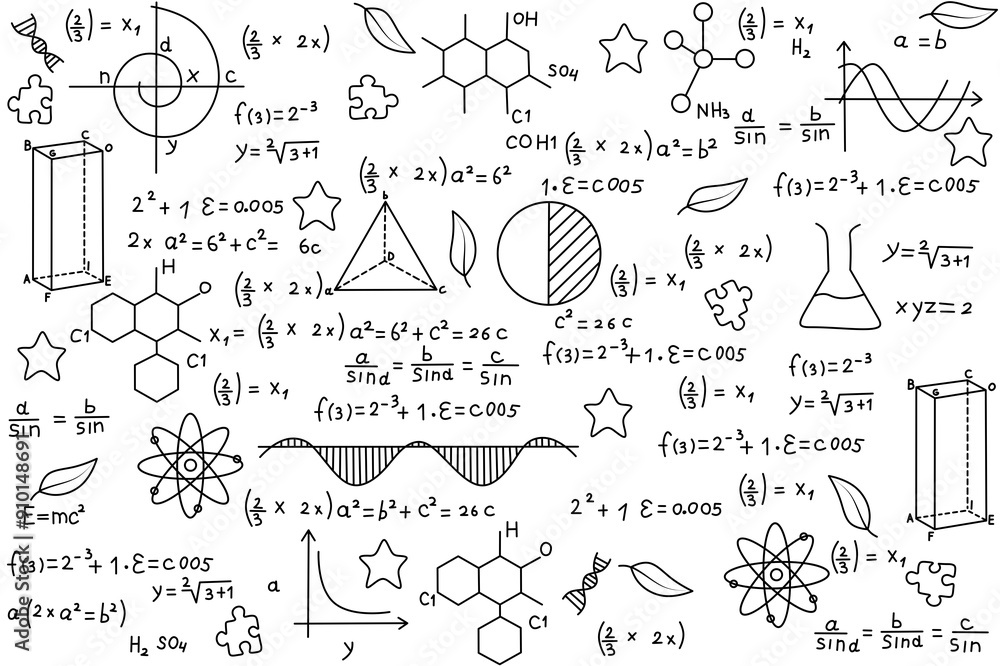 Background with drawn formulas of school lessons, physics, chemistry ...