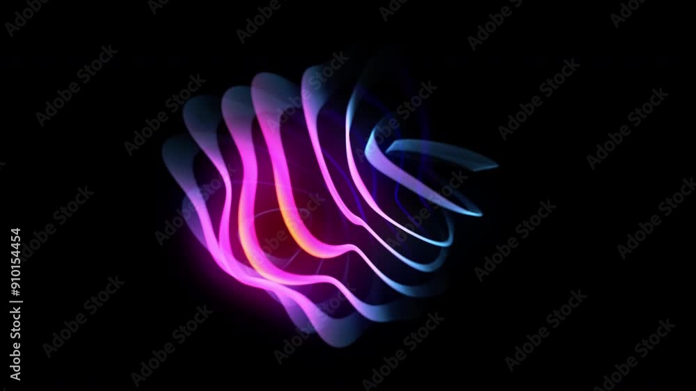 Wave motion of bright glowing curves on black background. Abstract ...