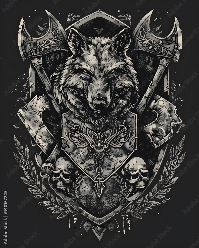 A fierce wolf’s head above a shield with a smaller wolf, flanked by ...