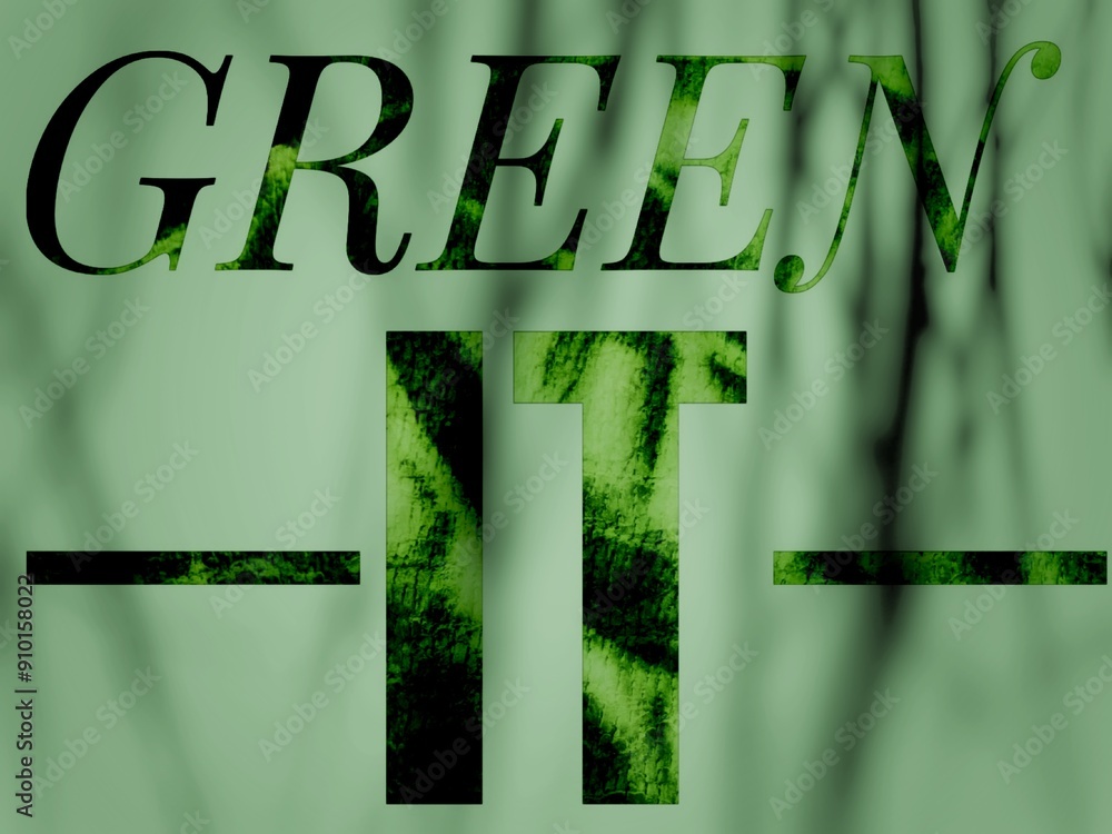 green IT text, character typing in green leaves, abstract background ...