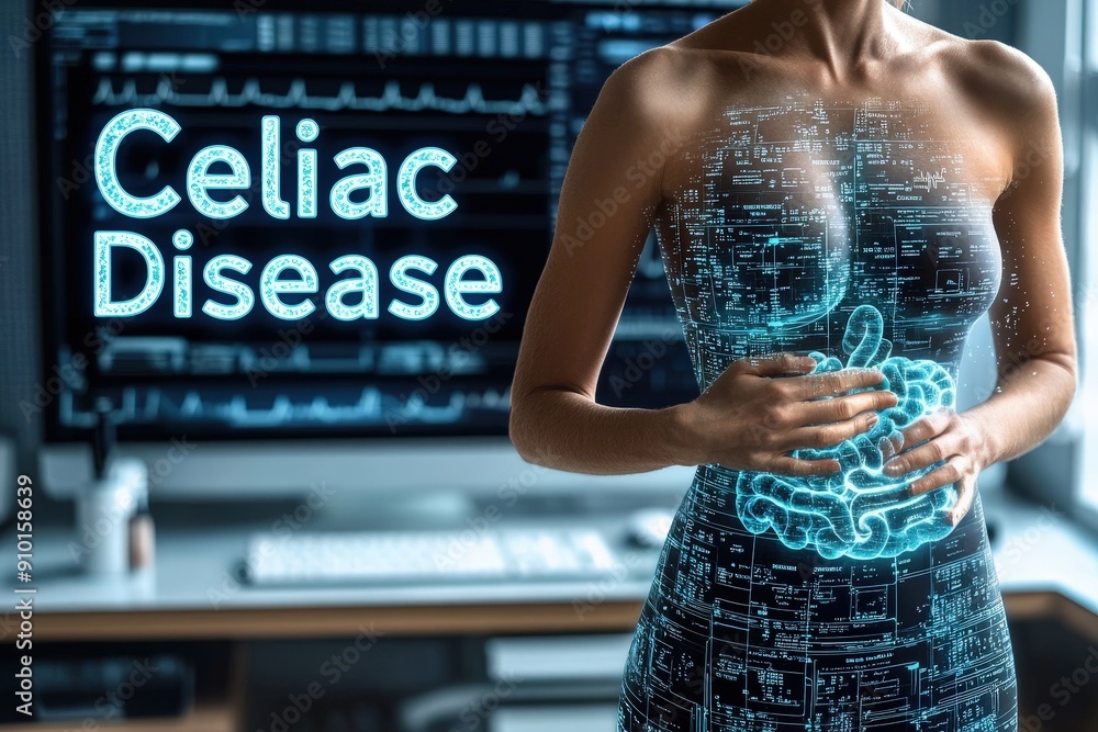 A person gently holds their abdomen, visually depicting celiac disease ...