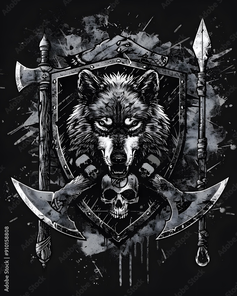A fierce wolf’s head above a shield with a smaller wolf, flanked by ...