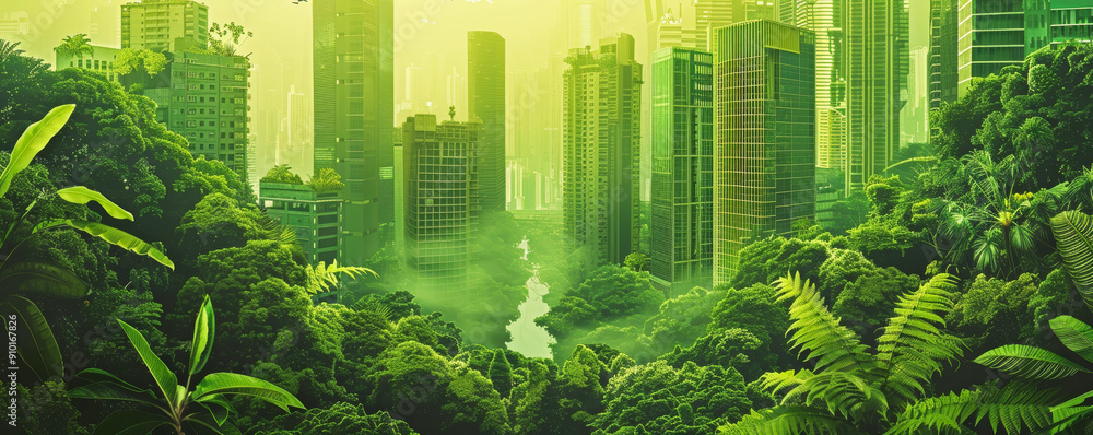 Rainforest cityscape with modern skyscrapers covered in dense, tropical ...