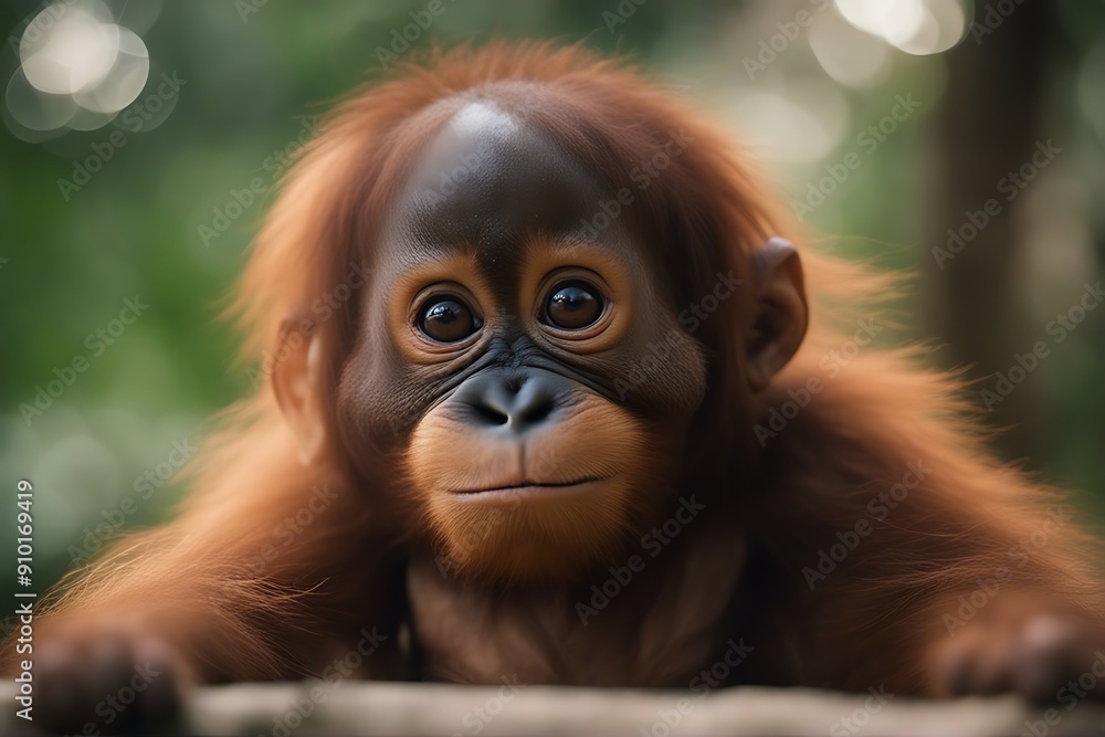 cute orangutan baby utan orang juvenile monkey female grass indonesia ...