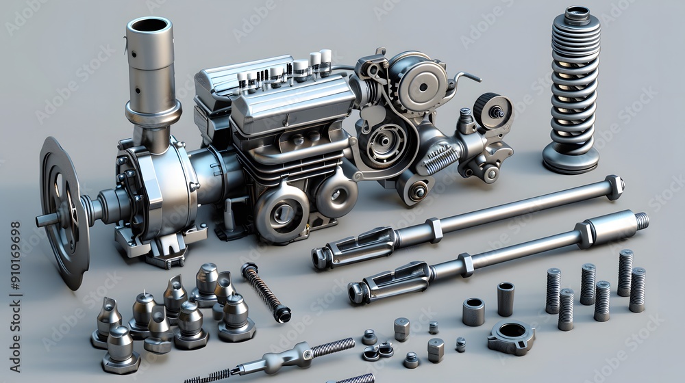 Advanced 3D model of a small engine with intricate exploded views of ...