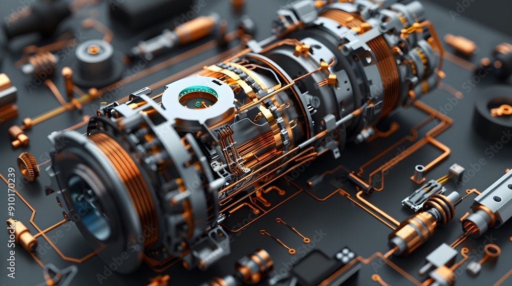 Complex 3D model of an electric motor with exploded views showing the ...