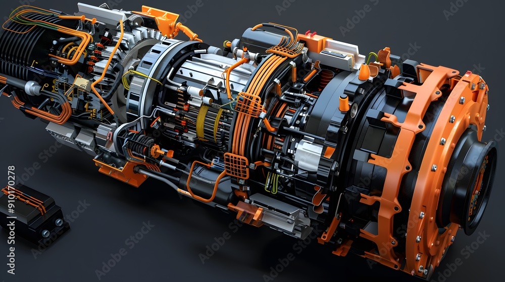 Complex 3D model of an electric motor with exploded views showing the ...