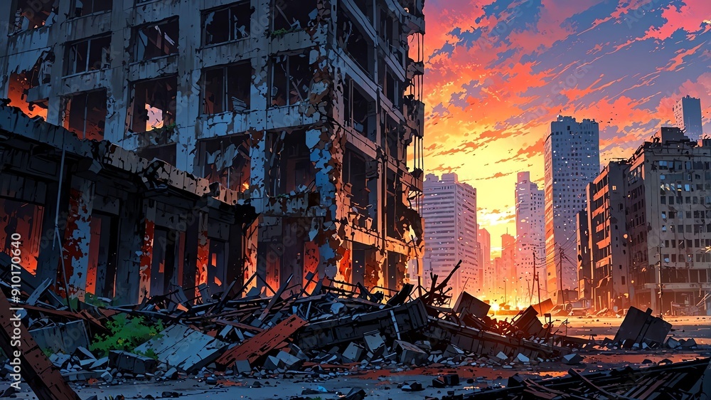 postwar ruins devastated cityscape with remnants of a flat anime Stock ...