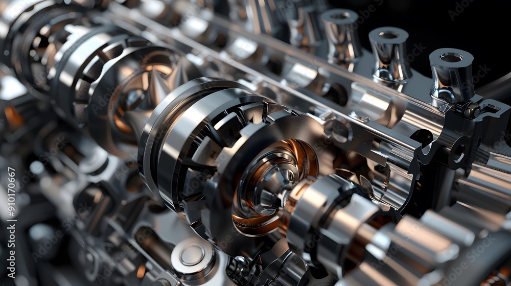 Detailed 3D engine schematic with exploded views of the crankshaft ...