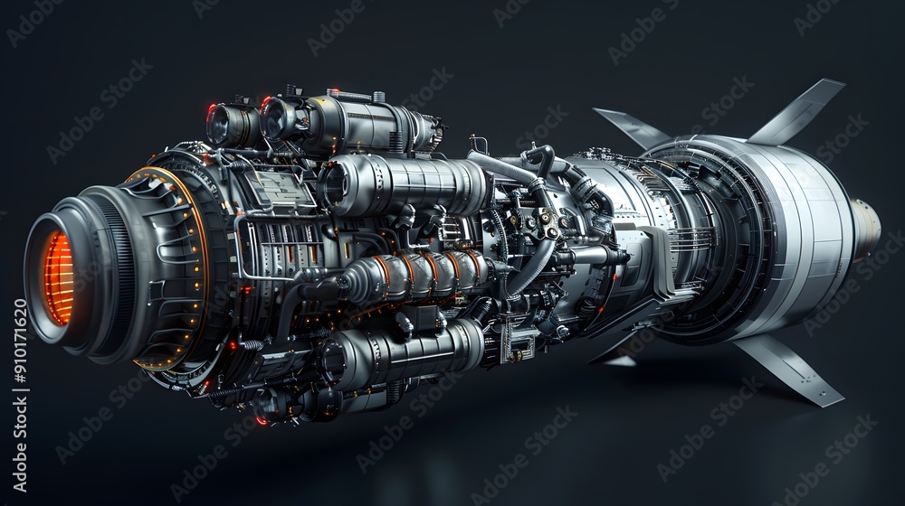 Complex 3D visualization of a multi-stage rocket engine with parts ...