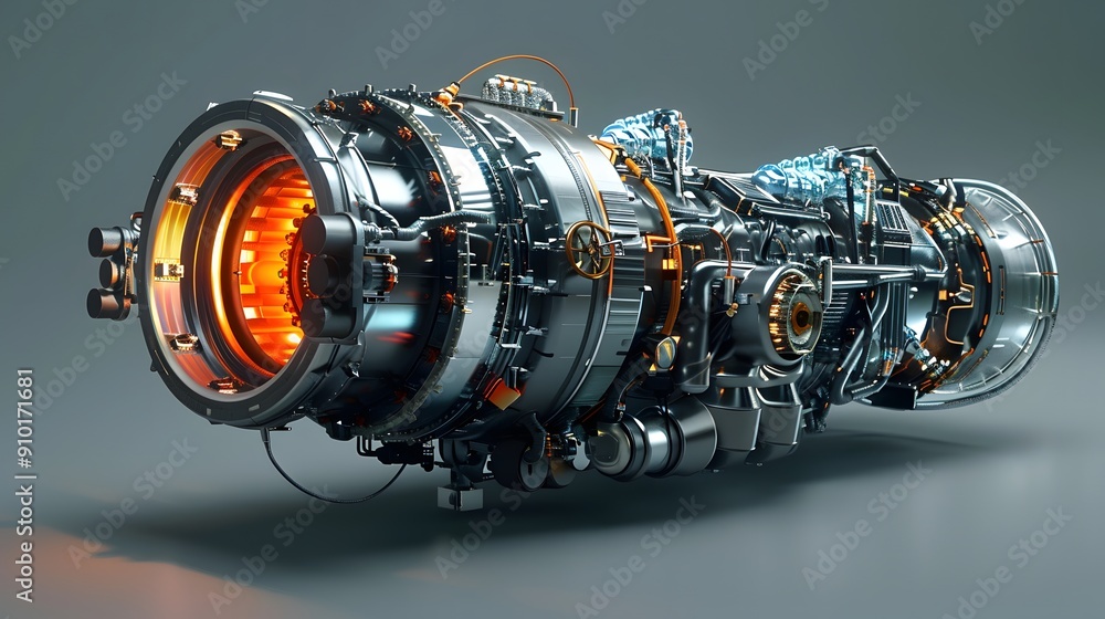 Complex 3D visualization of a multi-stage rocket engine with parts ...