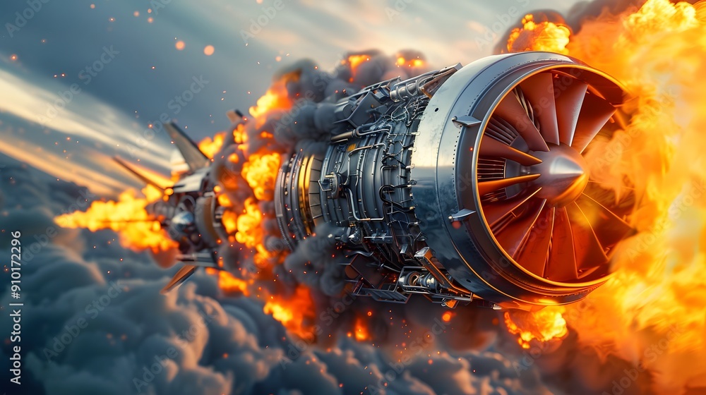 Intricate 3D visualization of a jet engine with parts in mid-explosion ...