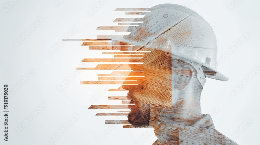Scenic image of a carpenter at work, combined with abstract overlays of ...