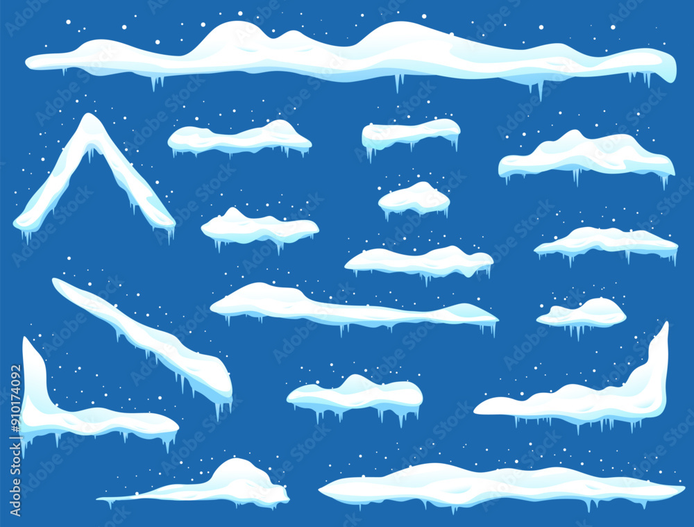 Snow caps. Cartoon snowdrifts. Different shapes with icicles. Winter ...