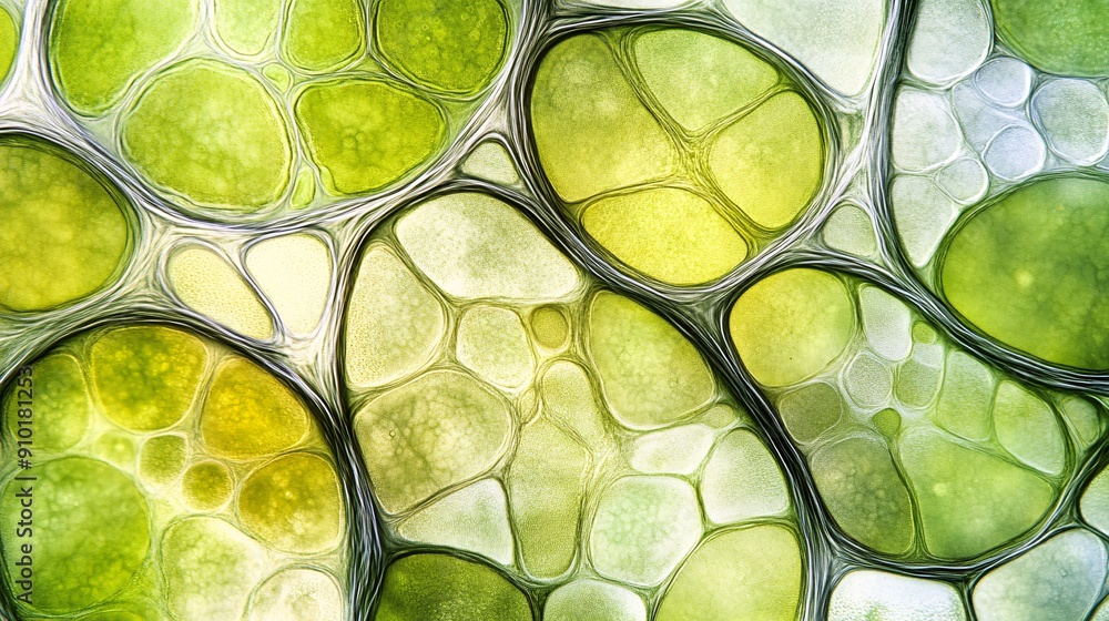 A detailed microscopic view of plant cells reveals the complex ...