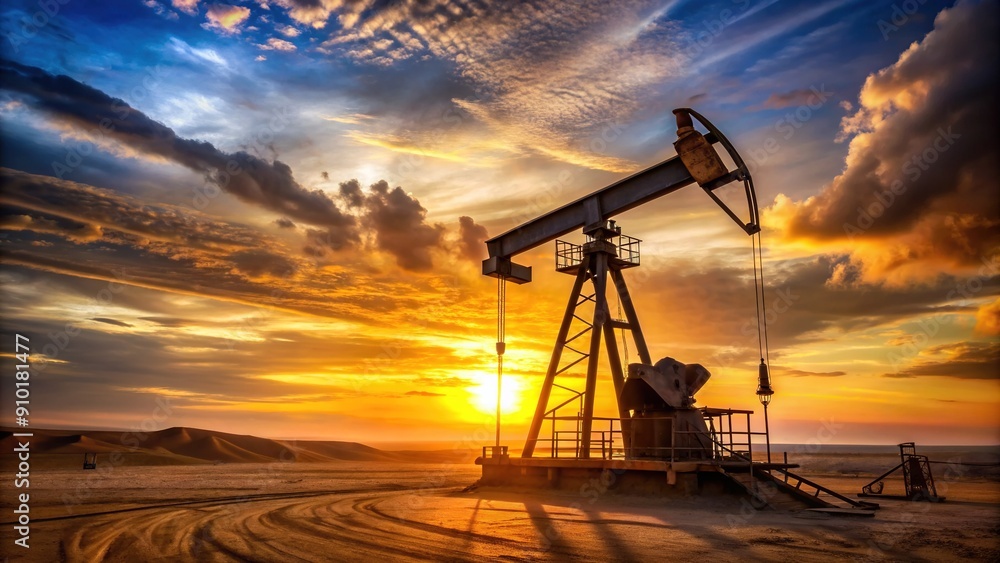 Rugged oil drilling machine stands tall in the desert landscape ...