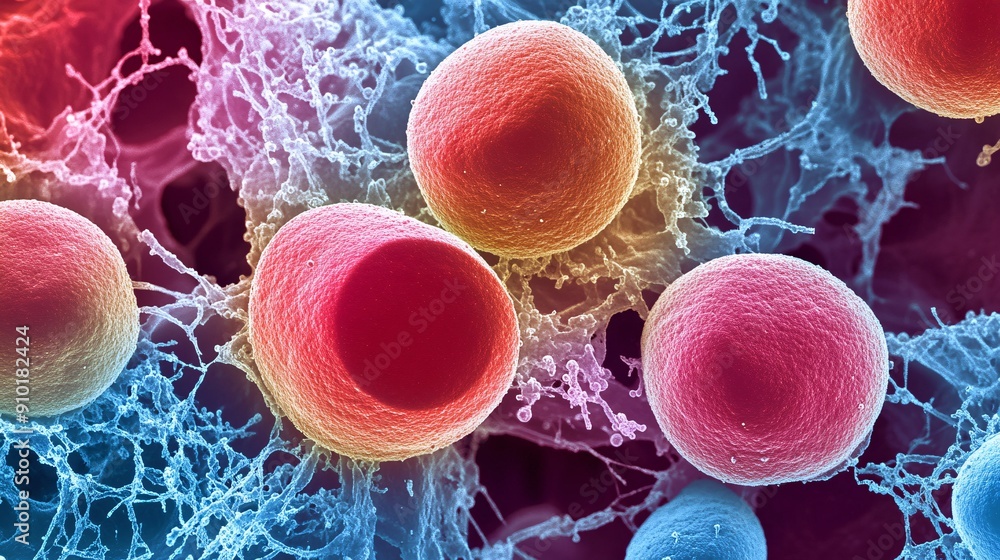 A detailed microscopic view captures the diverse world of blood cells ...