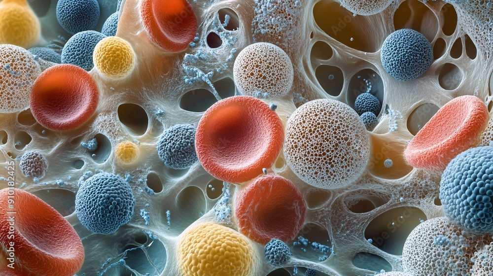 A detailed microscopic view captures the diverse world of blood cells ...