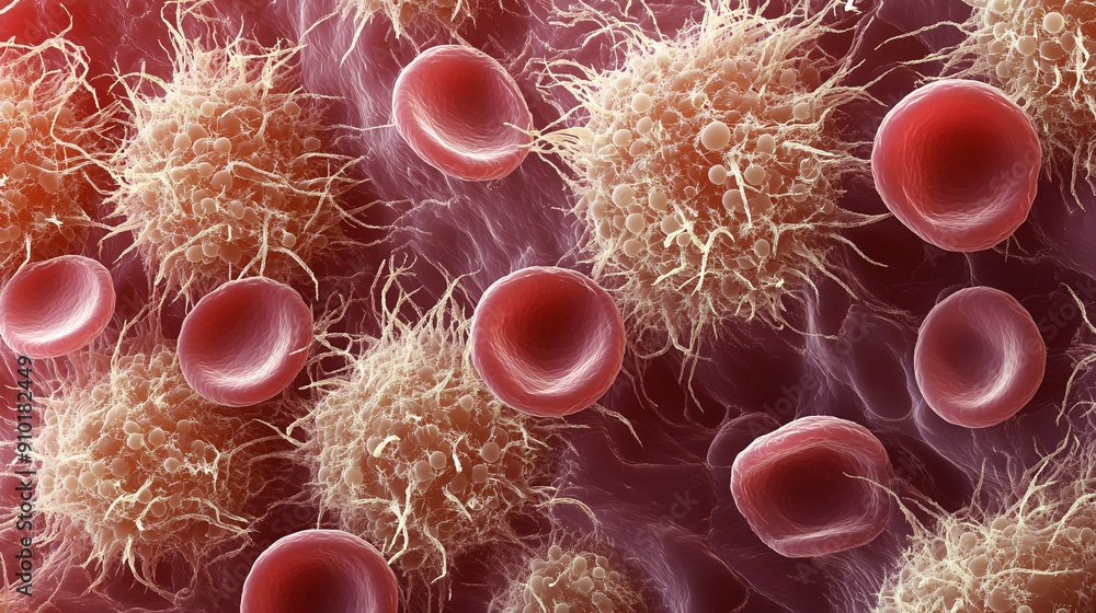 A detailed microscopic view captures the diverse world of blood cells ...