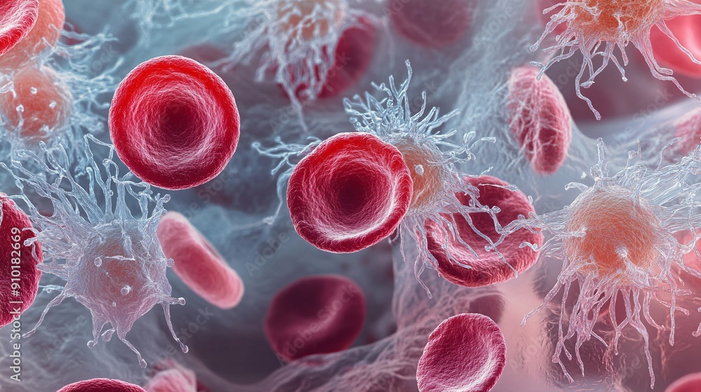 This detailed microscopic image captures the dynamic world of blood ...