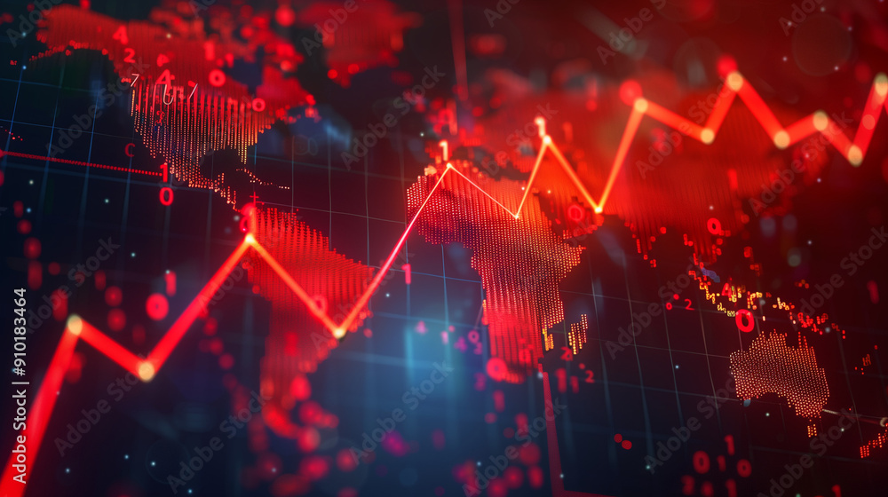 Global economic crisis visualization. Red stock market graph over world ...