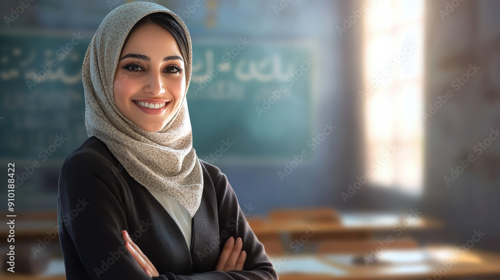 young smiling muslim teacher against the background of classroom ...
