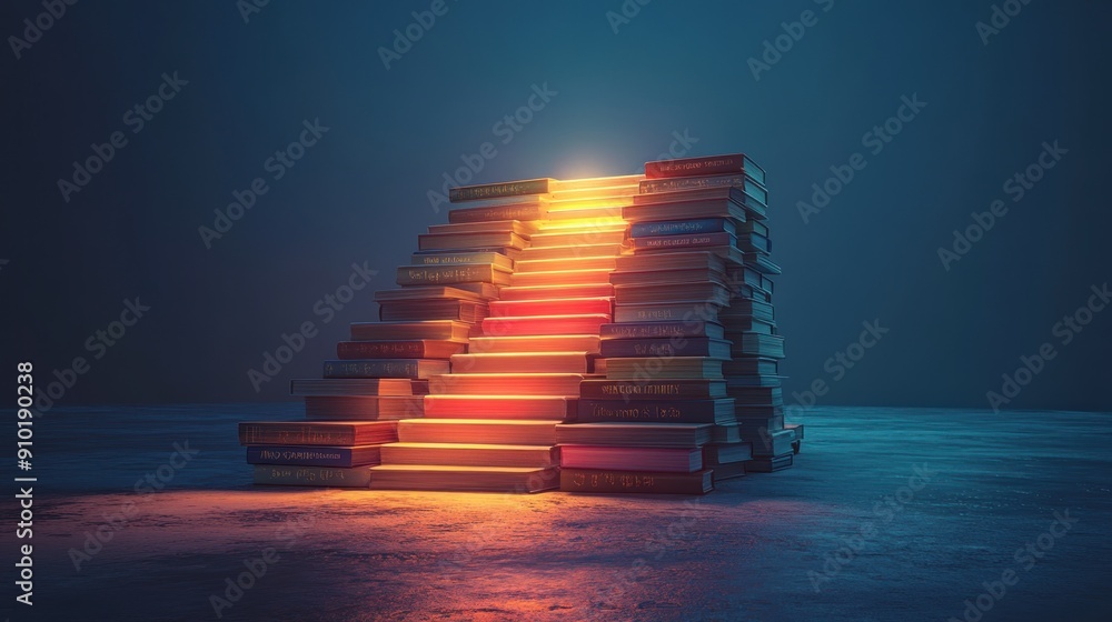 A 3D rendering of a stack of books with each book labeled with a ...