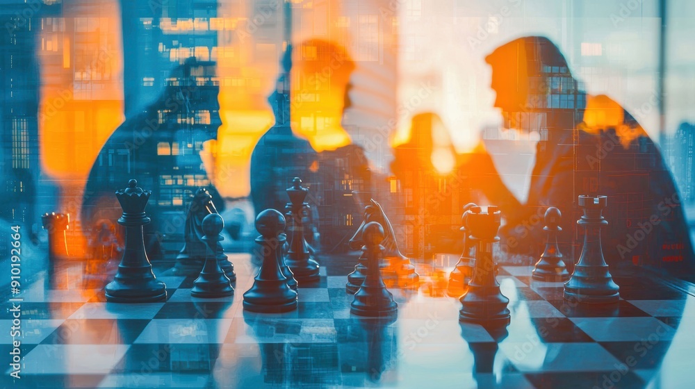 Chess pieces on board with overlaid business meeting, double exposure ...