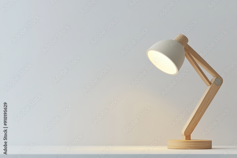 Minimalist desk lamp with wooden base and white shade on a light ...