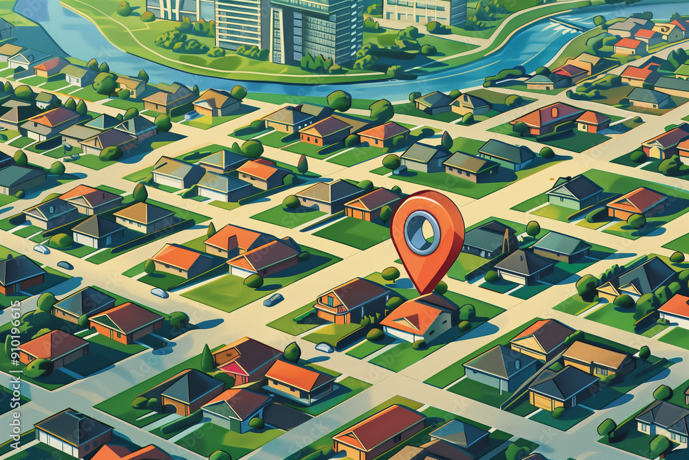 Vibrant and detailed illustration of a suburban neighborhood with ...