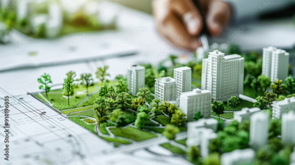 An urban planner designing a sustainable city development project with ...