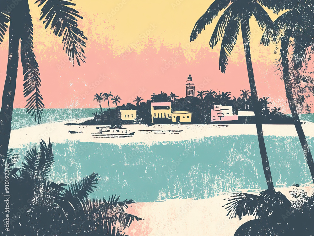 Risograph vintage riso print travel poster, card, wallpaper or banner ...