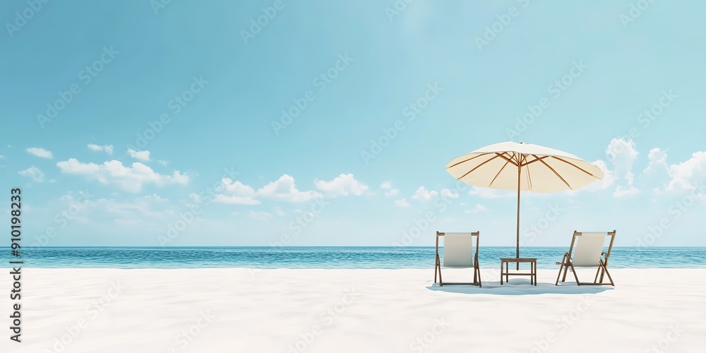 Summer Vacation Beach Scene with Two Chairs and Umbrella on White Sand ...
