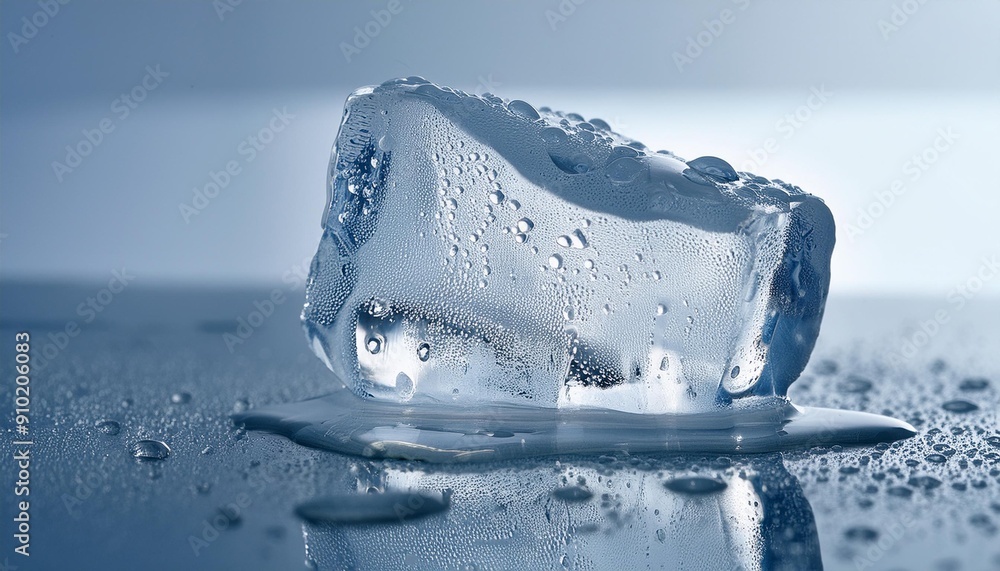 A close-up of a melting ice cube with water droplets, placed on a mirrored surface with a gentle ...