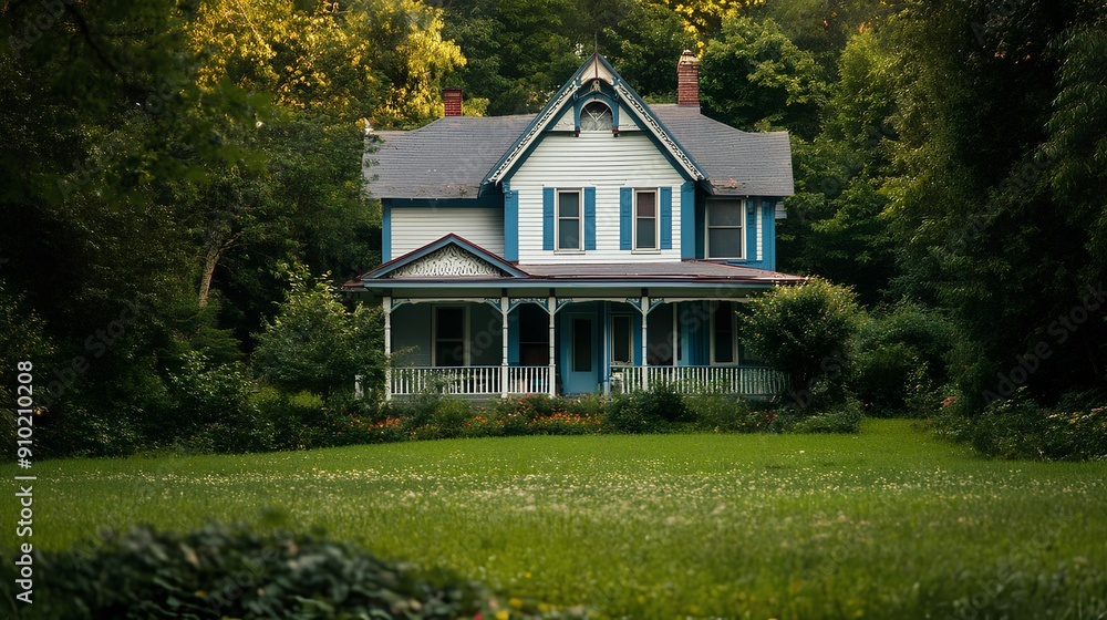 a charming, two-story house surrounded by lush greenery. The house has ...