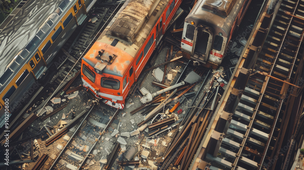 A chaotic scene of derailed trains and debris, conveying the aftermath ...