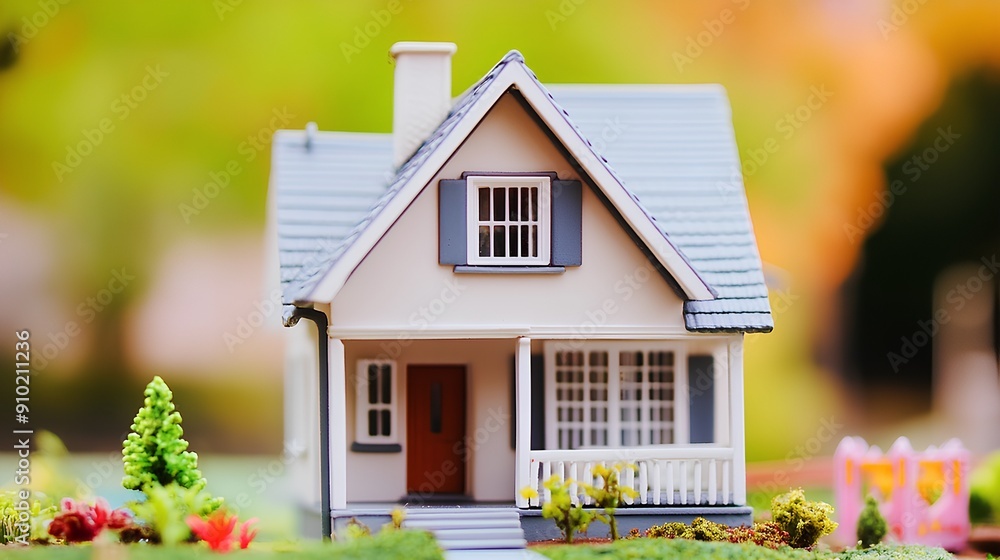 a small, charming model house. It has a grey roof with a chimney, white ...