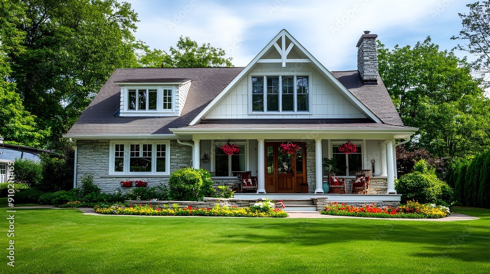 a charming, well-maintained house with a large, lush green lawn in ...